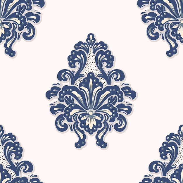 Elegant Navy Blue Damask Pattern on Ivory Background | Jiffy Designs