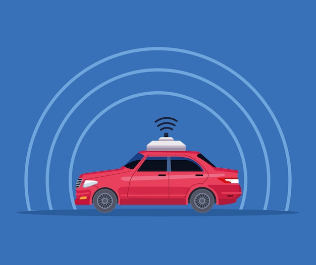 Autonomous Red Sedan with Radar Sensors on Blue Background | Jiffy Designs