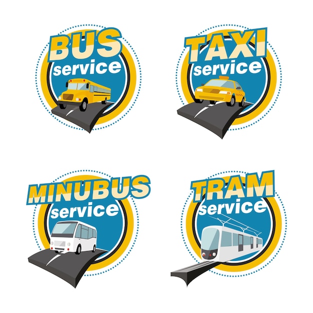 Vibrant Transportation Badges: Bus, Taxi, Minibus, and Tram Services ...