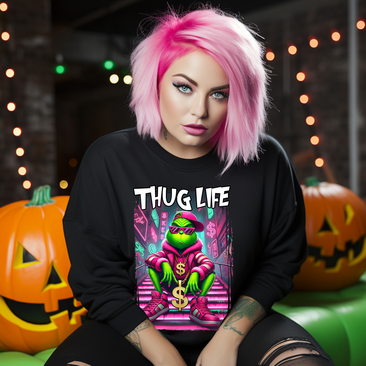 'Thug Life' Featuring a Neon Green Frog in Urban Hip-Hop Attire | Jiffy ...