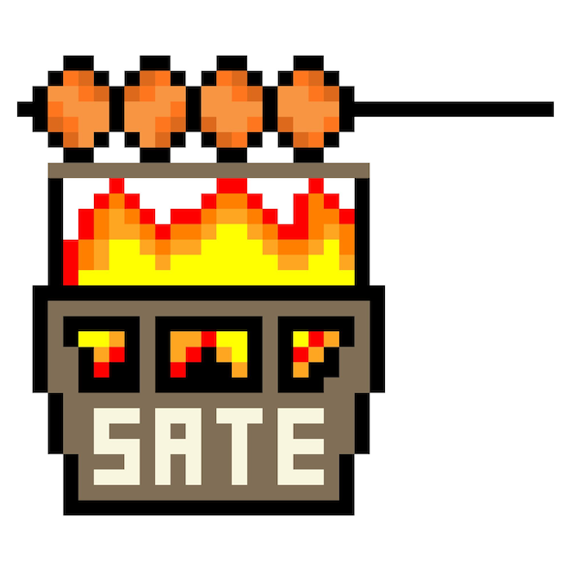 Retro Pixel Art Sate Grill with Flames and Skewers | Jiffy Designs