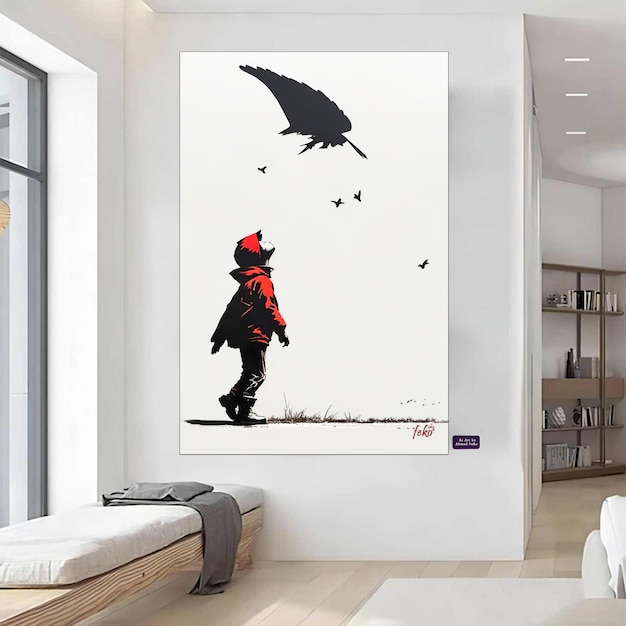 Silhouetted Figure in Red Cloak Amid Soaring Ravens | Jiffy Designs