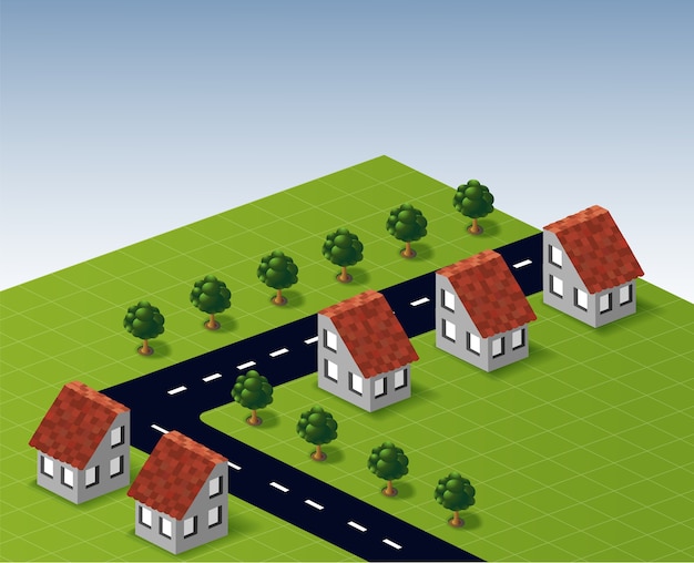 Isometric Neighborhood Scene with Houses, Trees, and Road | Jiffy Designs