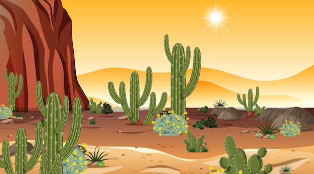 Vibrant Desert Landscape with Towering Cacti and Striking Sunset ...