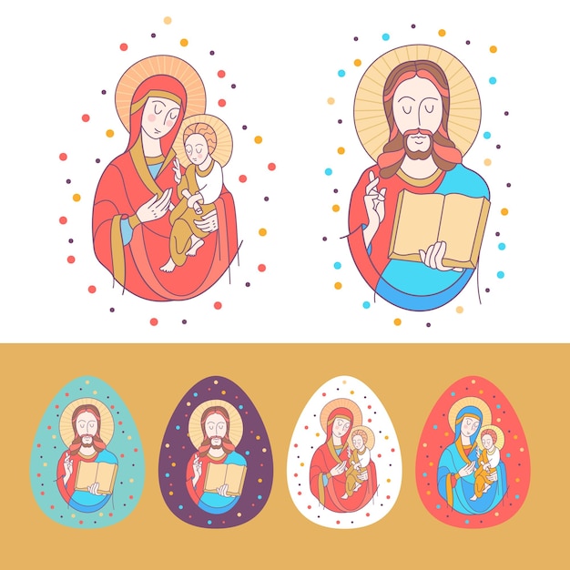 Vibrant Religious Iconography with Stylized Figures and Celestial ...