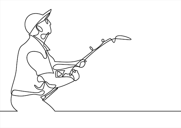 Continuous Line Drawing of a Fisherman Casting a Fishing Rod | Jiffy ...
