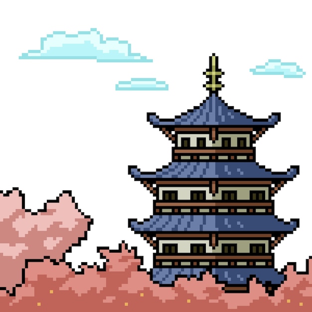 Vibrant Pixel Art Pagoda Amid Autumn Foliage Landscape | Jiffy Designs