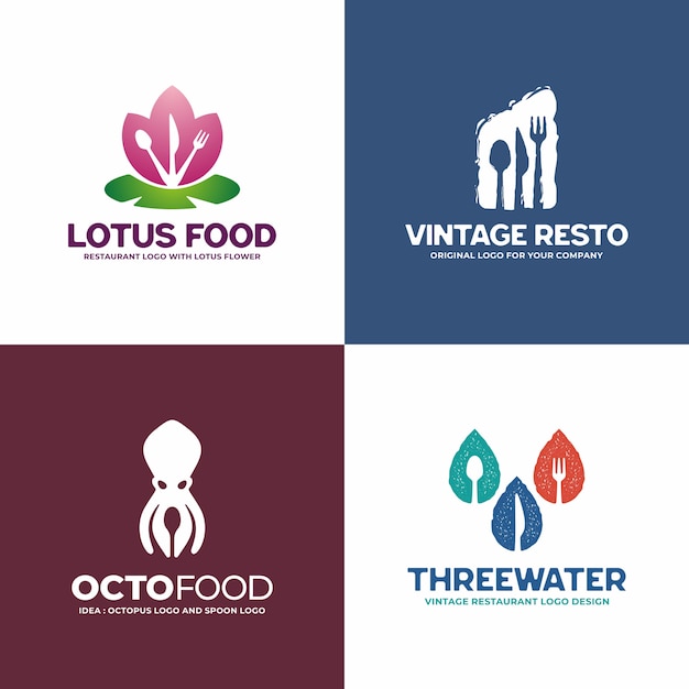 Vibrant Culinary Logos: Lotus Flower, Vintage Utensils, Octopus, and ...