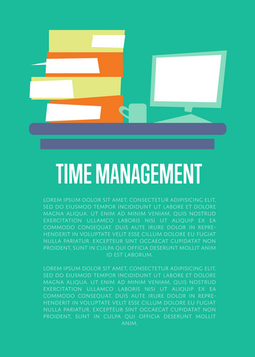 Time Management Banner With Desktop Computer And Stack Of Folders On ...