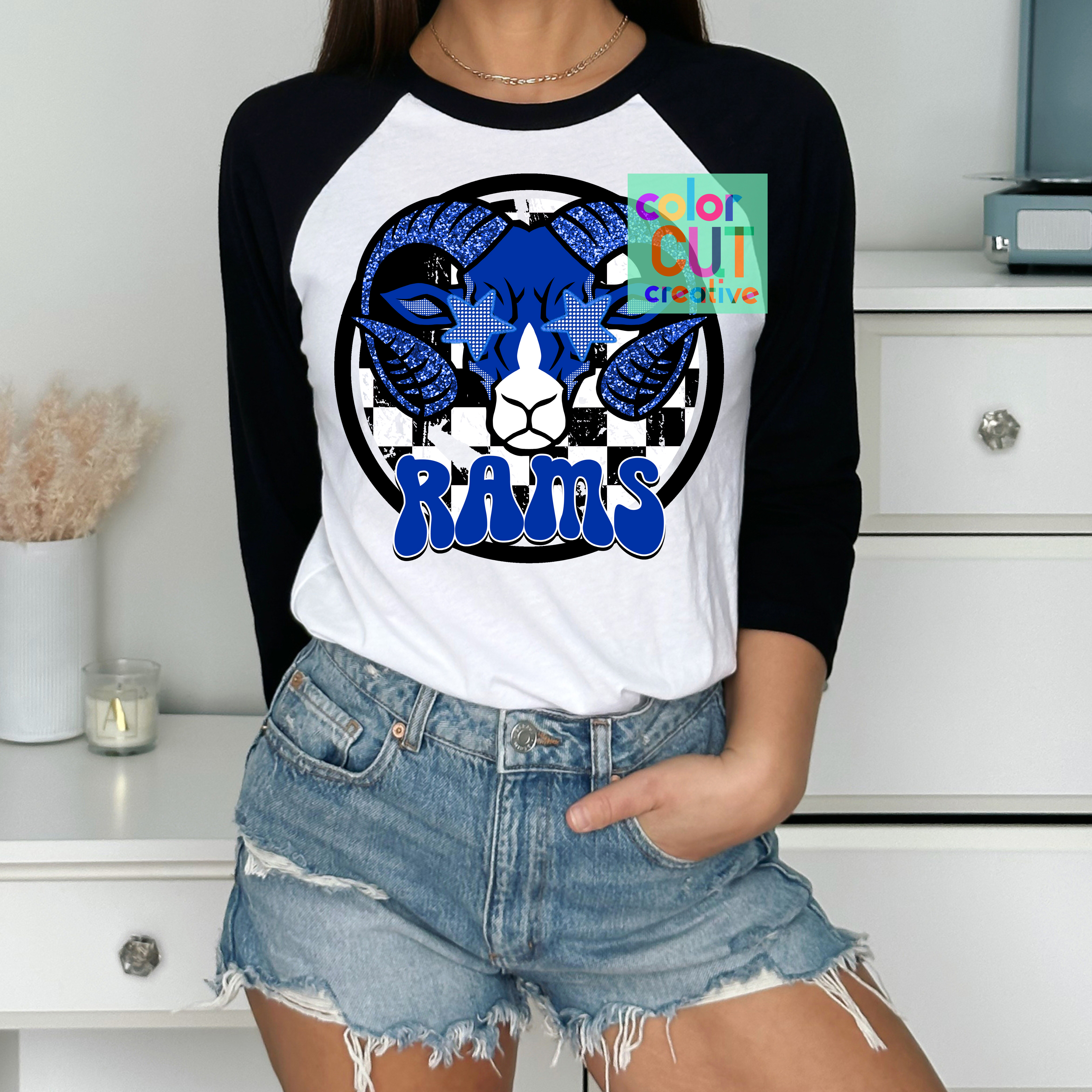 'Rams' Bold Blue Ram Head with Intricate Horns and Checkered Pattern ...