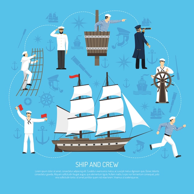 Vibrant Nautical Illustration with Ship and Crew | Jiffy Designs