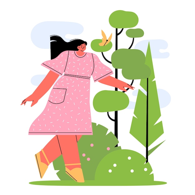 Vibrant Garden Stroll: Whimsical Illustration of a Woman Enjoying ...