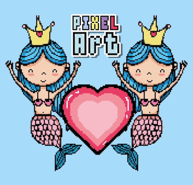 Enchanting Pixel Art Mermaids with Heart Emblem | Jiffy Designs