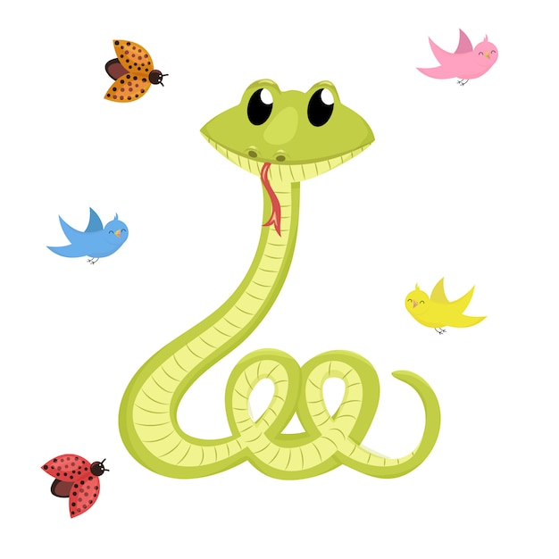 Whimsical Snake Illustration with Butterfly and Maple Leaf Accents ...