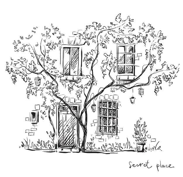 Whimsical Tree House Sketch with Detailed Windows and Foliage | Jiffy ...