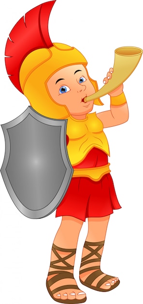 Brave Young Roman Soldier Holding Shield and Horn | Jiffy Designs