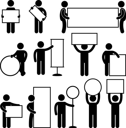 Man Carry Empty Blank Signboard Banner Placard. A Set Of Human Figure ...