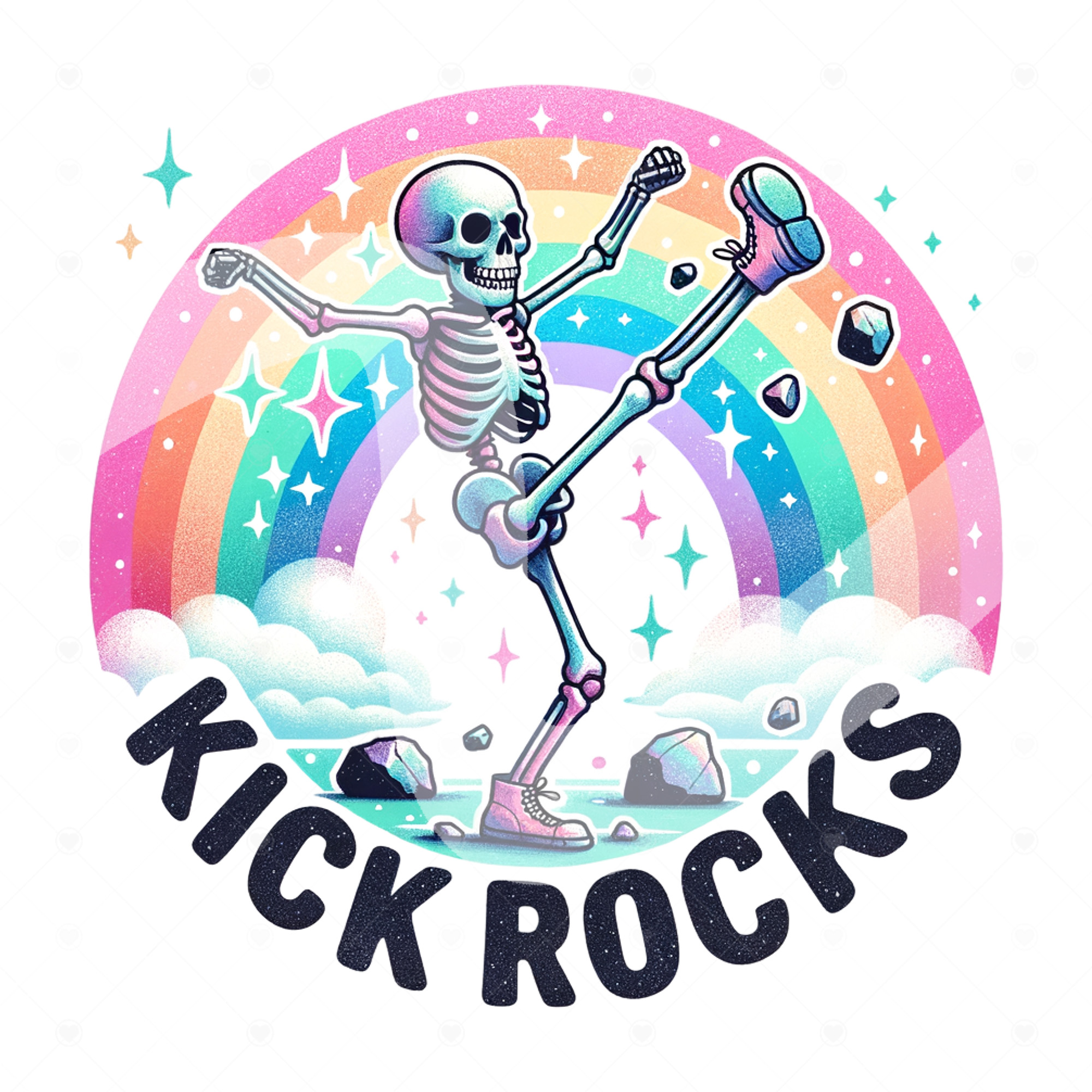 'Kick Rocks' Dancing Skeleton in Vibrant Rainbow Dreamscape | Jiffy Designs