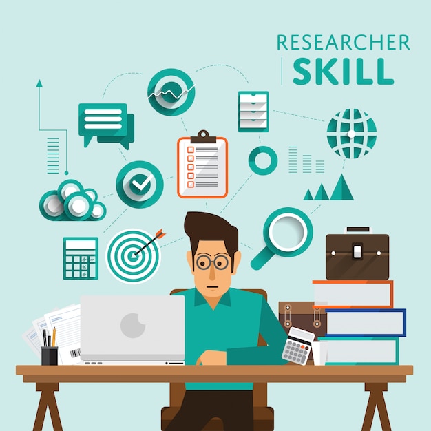 Illustration of a Researcher Working at a Desk with Icons | Jiffy Designs
