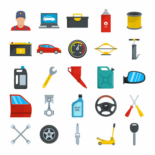 Auto Service With Tools And Car Flat Icons Set Vector Illustration For ...