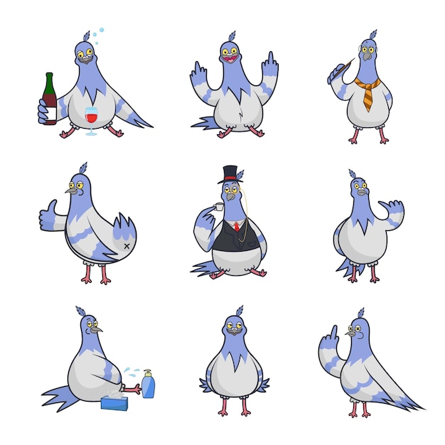 Whimsical Flock of Charming and Quirky Cartoon Pigeons | Jiffy Designs