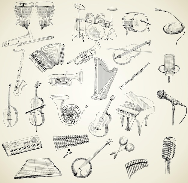 Diverse Array of Musical Instruments and Equipment in Sketch Style ...