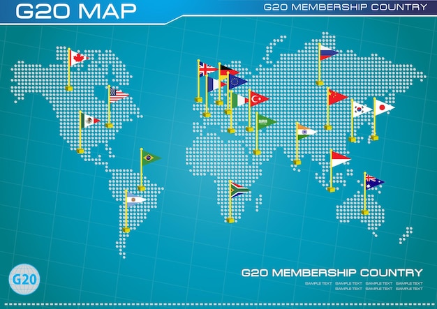 Vibrant Dotted World Map with National Flags of G20 Nations | Jiffy Designs