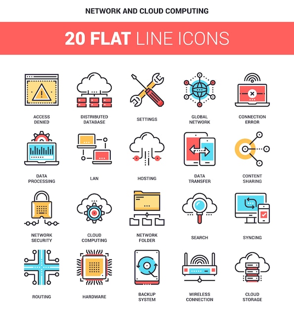 Comprehensive Network and Cloud Computing Symbols in Vibrant Flat Style ...