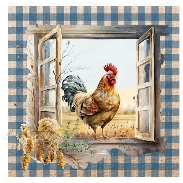 Rustic Rooster Window View with Blue Gingham Border | Jiffy Designs