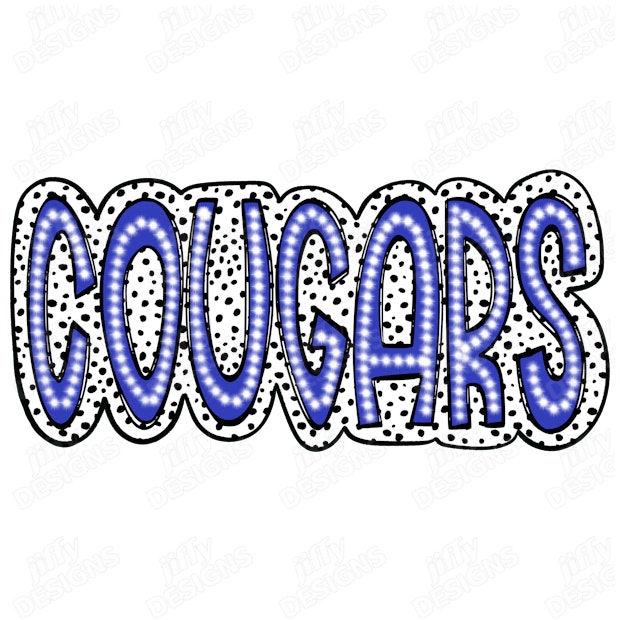 'Cougars' Dotted Blue Text with Bold White Outline | Jiffy Designs