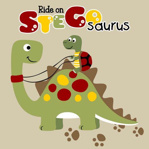 Tortoise Ride On Dinosaurs, Vector Cartoon Illustration | Jiffy Designs