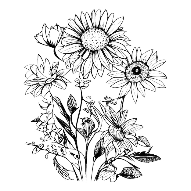 Intricate Sunflower Bouquet Sketch with Detailed Linework | Jiffy Designs