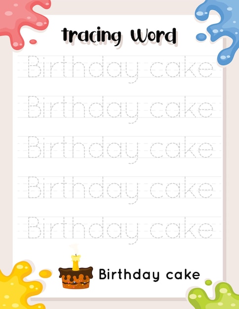 Colorful Tracing Worksheet with Birthday Cake Illustration | Jiffy Designs
