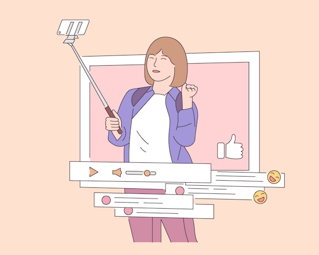 Cheerful Vlogger Capturing Moments with Selfie Stick and Emojis | Jiffy ...
