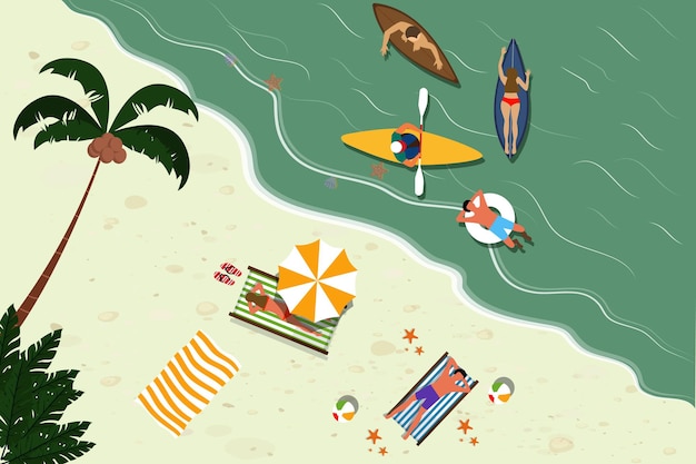 Vibrant beach scene with surfers, umbrellas, and tropical foliage ...