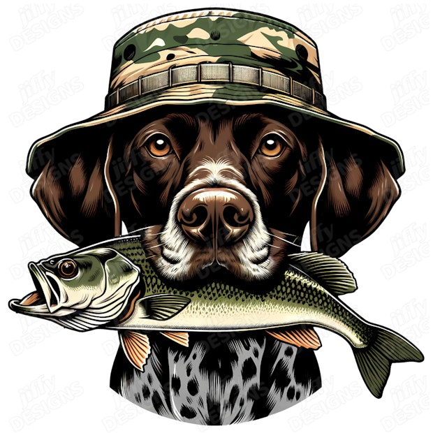 Hunting Dog Portrait with Camouflage Hat and Fish | Jiffy Designs
