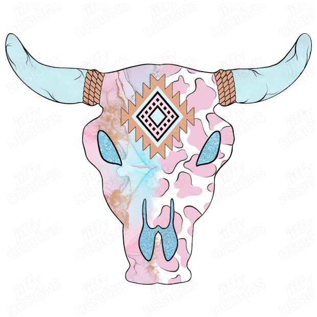Pastel Geometric Bull Skull with Turquoise Horns and Tribal Accents ...