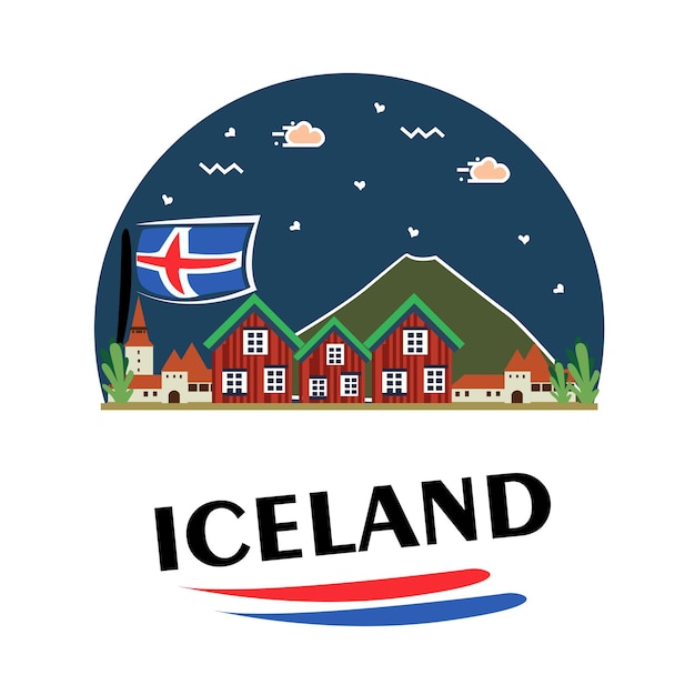 Charming Icelandic Landscape with Vibrant Houses and Iconic Flag | Jiffy Designs