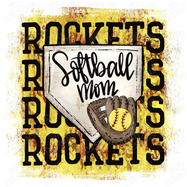 'Rockets Softball Mom' Grungy Yellow and Black Typography with Glove ...