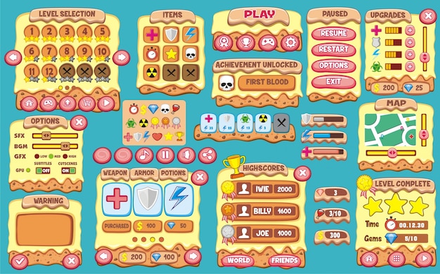 Colorful Retro-Style Game Interface with Various Icons and Elements | Jiffy Designs