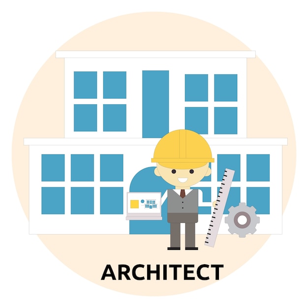 Architect Character with Building Plans and Hard Hat Icon | Jiffy Designs