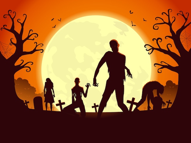 Eerie Silhouettes of Undead Figures in Moonlit Graveyard | Jiffy Designs