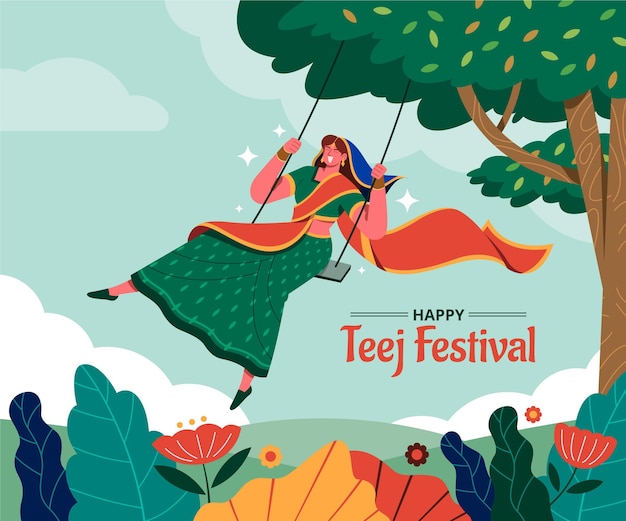Vibrant Celebration of Teej Festival with Joyful Woman in Flowing Dress ...