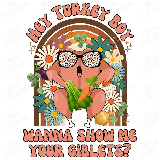 'Hey Turkey Boy' Whimsical Cartoon Turkey with Retro Floral Arch ...