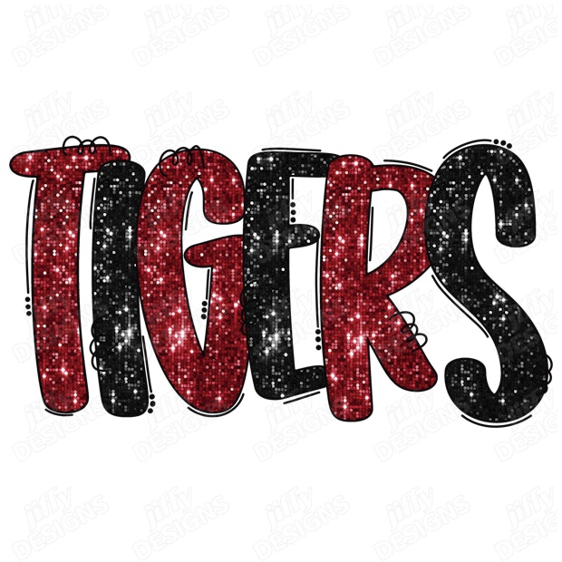 'Tigers' Sparkling Red and Black Lettering with Glittering Stars ...