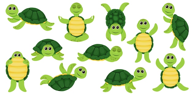 Cheerful Green Turtles: A Whimsical Collection of Cartoon Sea Creatures ...