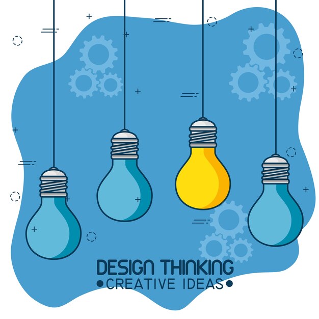 Design Thinking Lightbulb Illustration with Gears and Text | Jiffy Designs