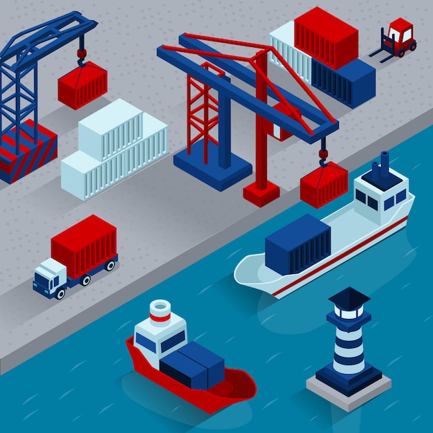 Vibrant Isometric Seaport with Cranes, Containers, and Vessels | Jiffy ...