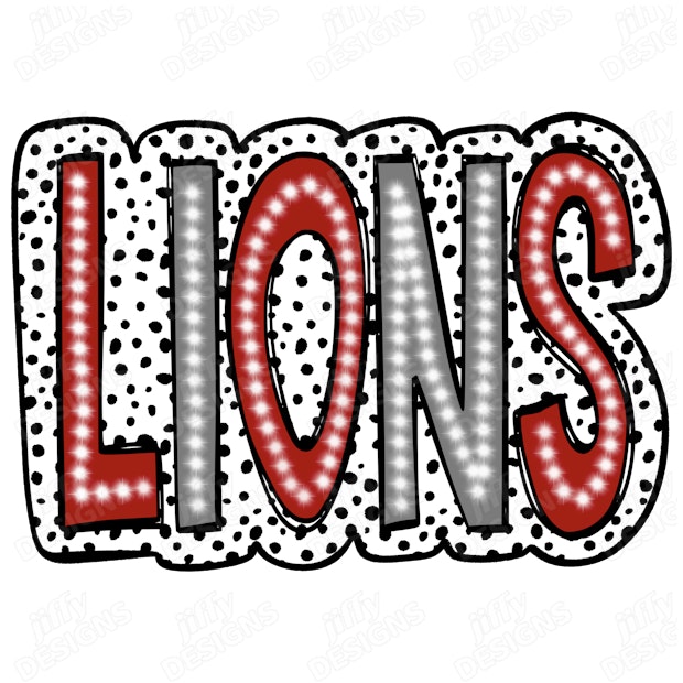 'Lions' Polka Dot Bordered Text in Red and Silver Metallic Lettering ...