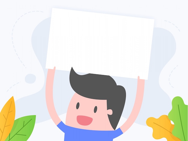 Cheerful Cartoon Character Holding Blank Sign with Leaves Background ...